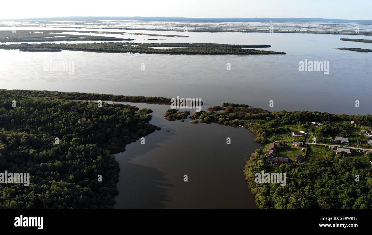 Nature on the Amur River in Russia. Aerial perspective capturing green ...