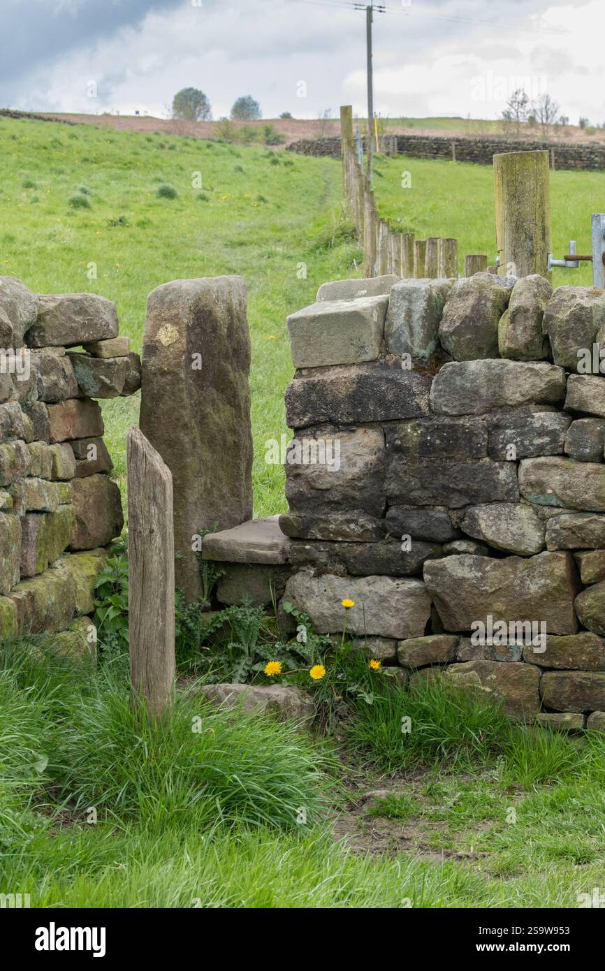 A stone stile for walkers on a footpath in the corner of a field. A ...