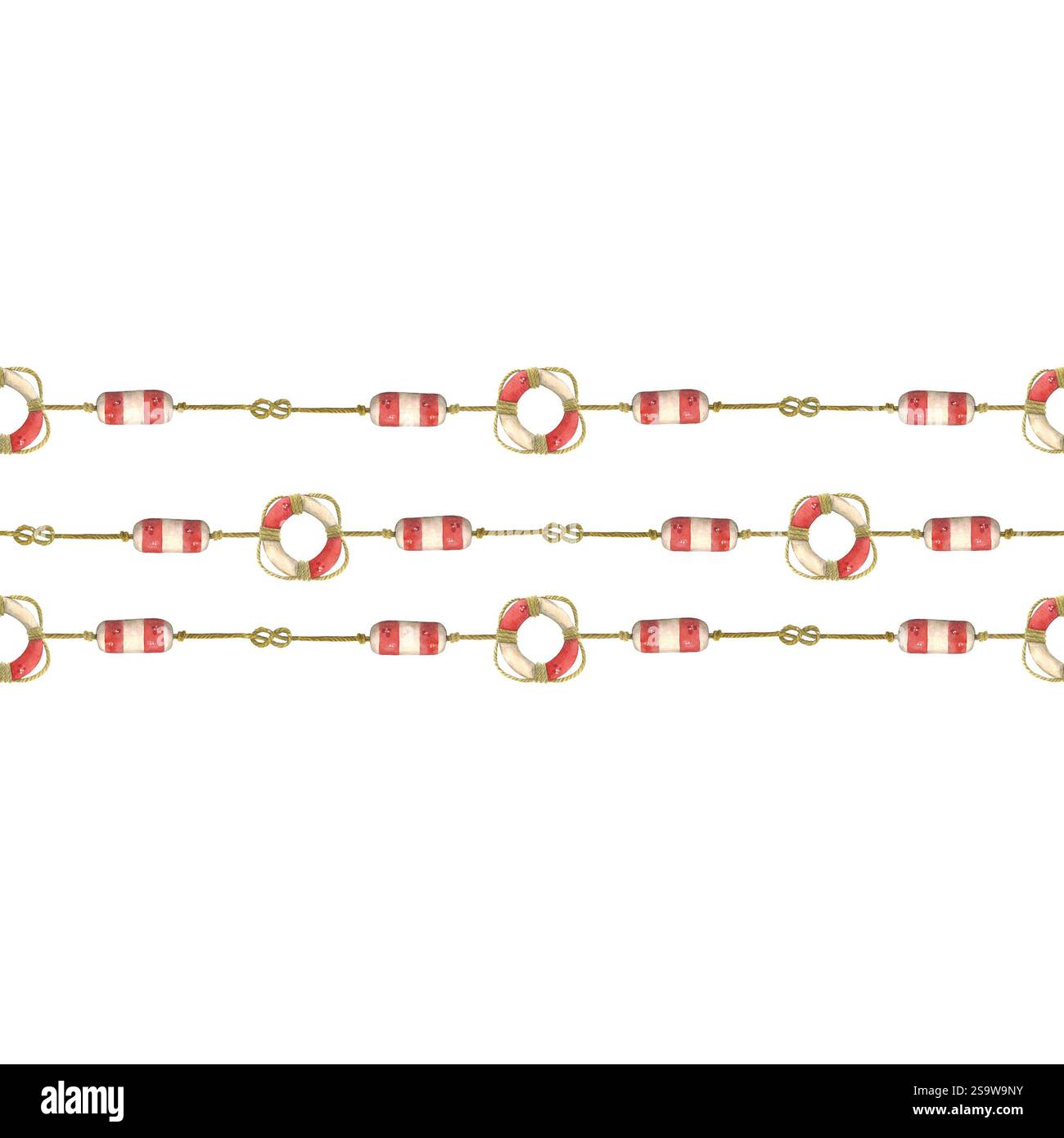Hand drawn watercolor illustration. Seamless border made of marine gear ...