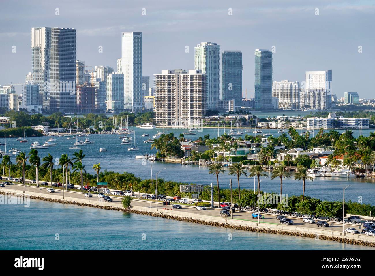 Miami Florida,MacArthur Causeway traffic,Palm Island,Biscayne Bay,boats ...