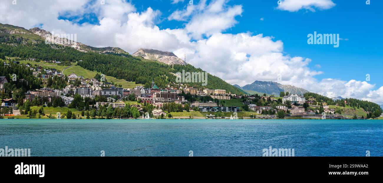 Picturesque town of Sankt Moritz in Switzerland and a lake, surrounded ...