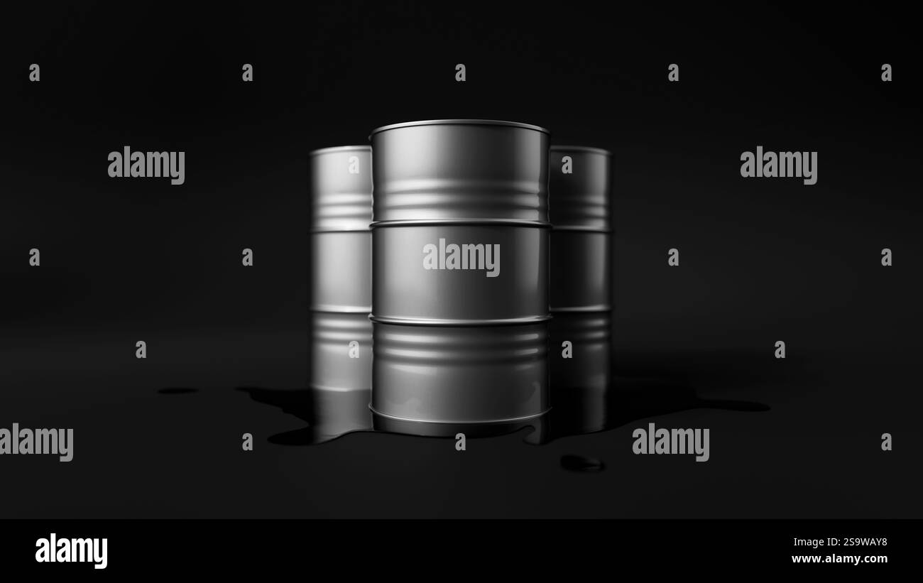 Three silver metal oil barrels stand on spilled puddle of crude oil on ...