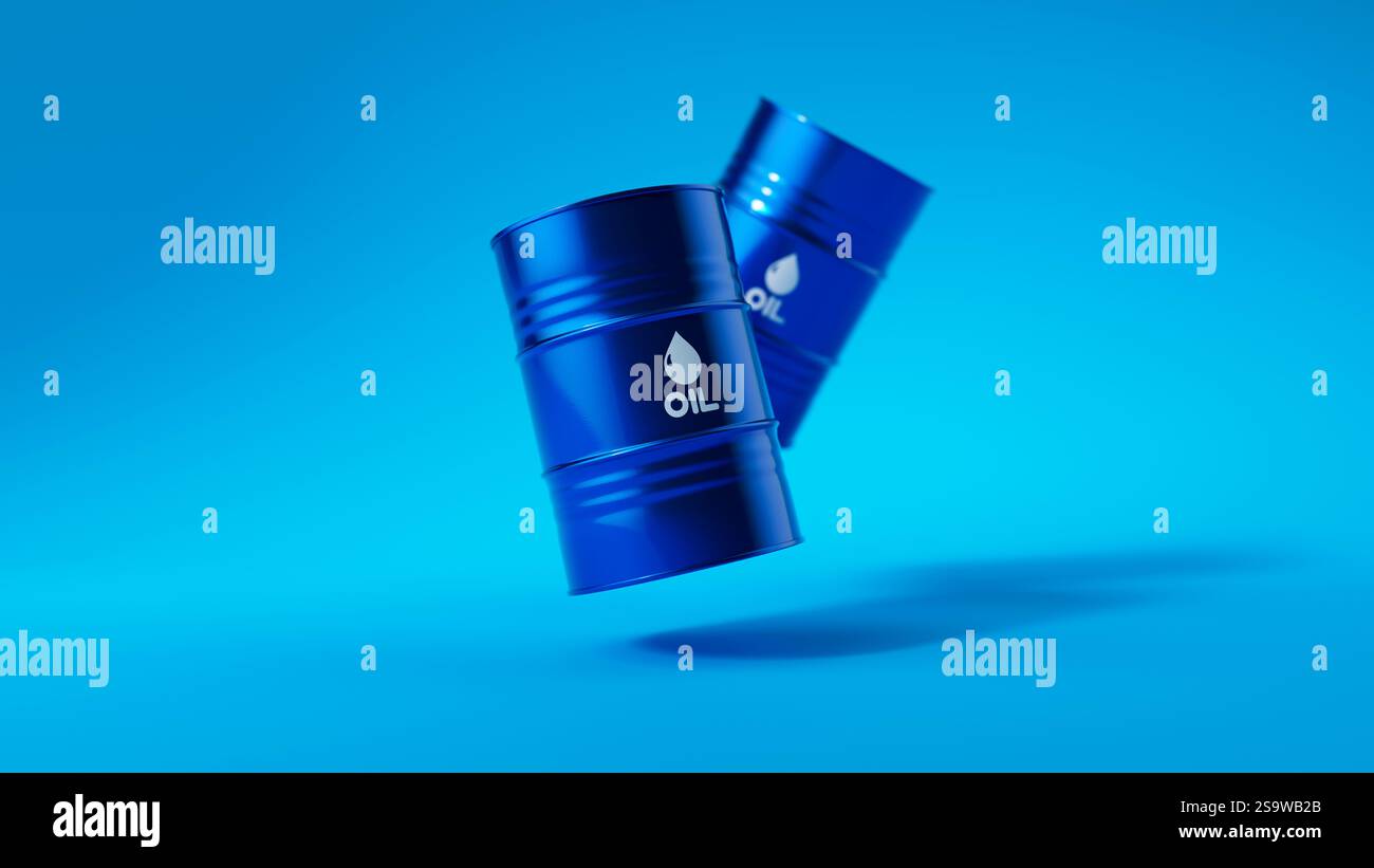 Two floating blue metal oil barrels on blue background. Front view with ...