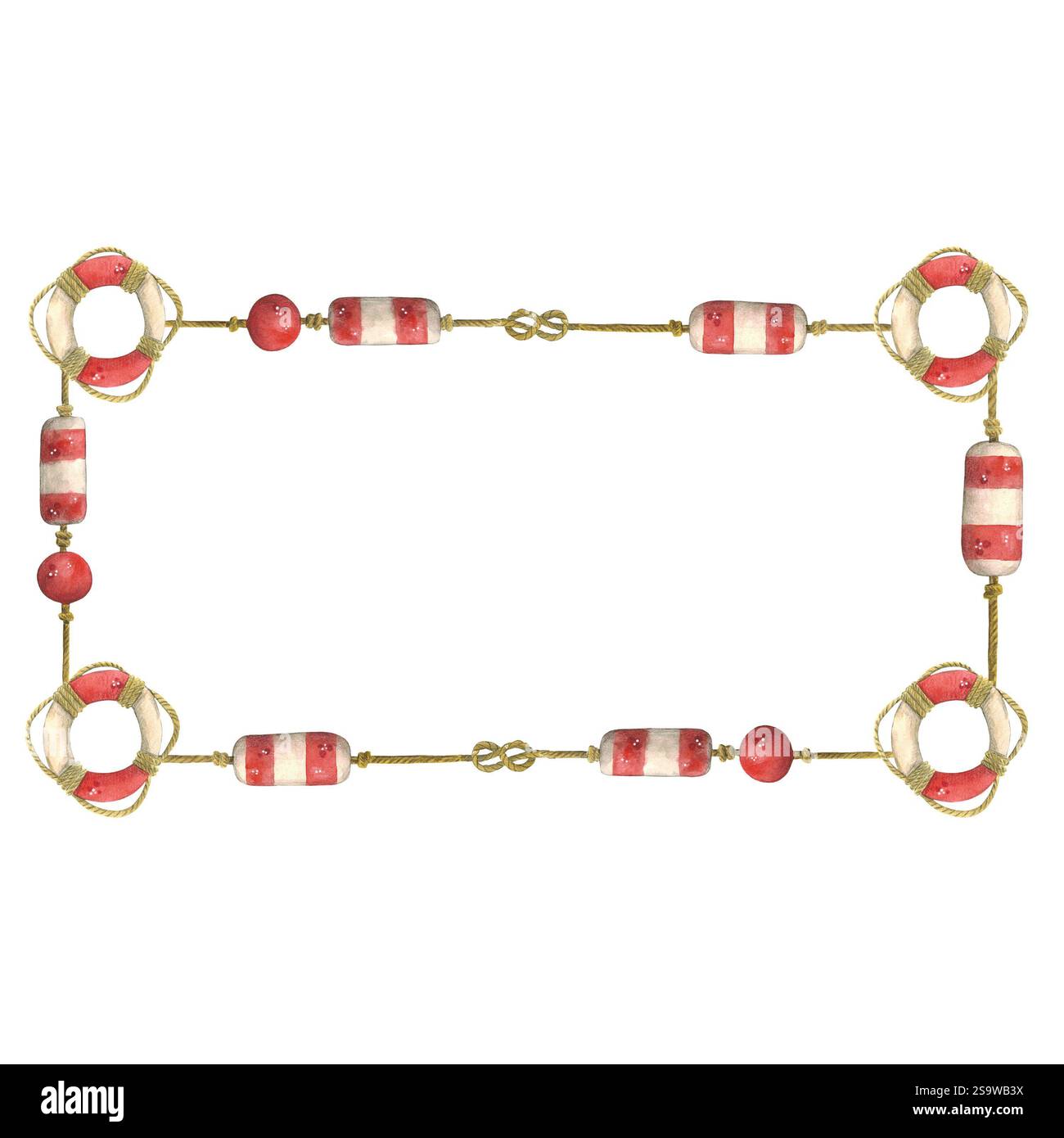 Rectangular frame of sea buoys, knots, rope and lifebuoy on a white ...