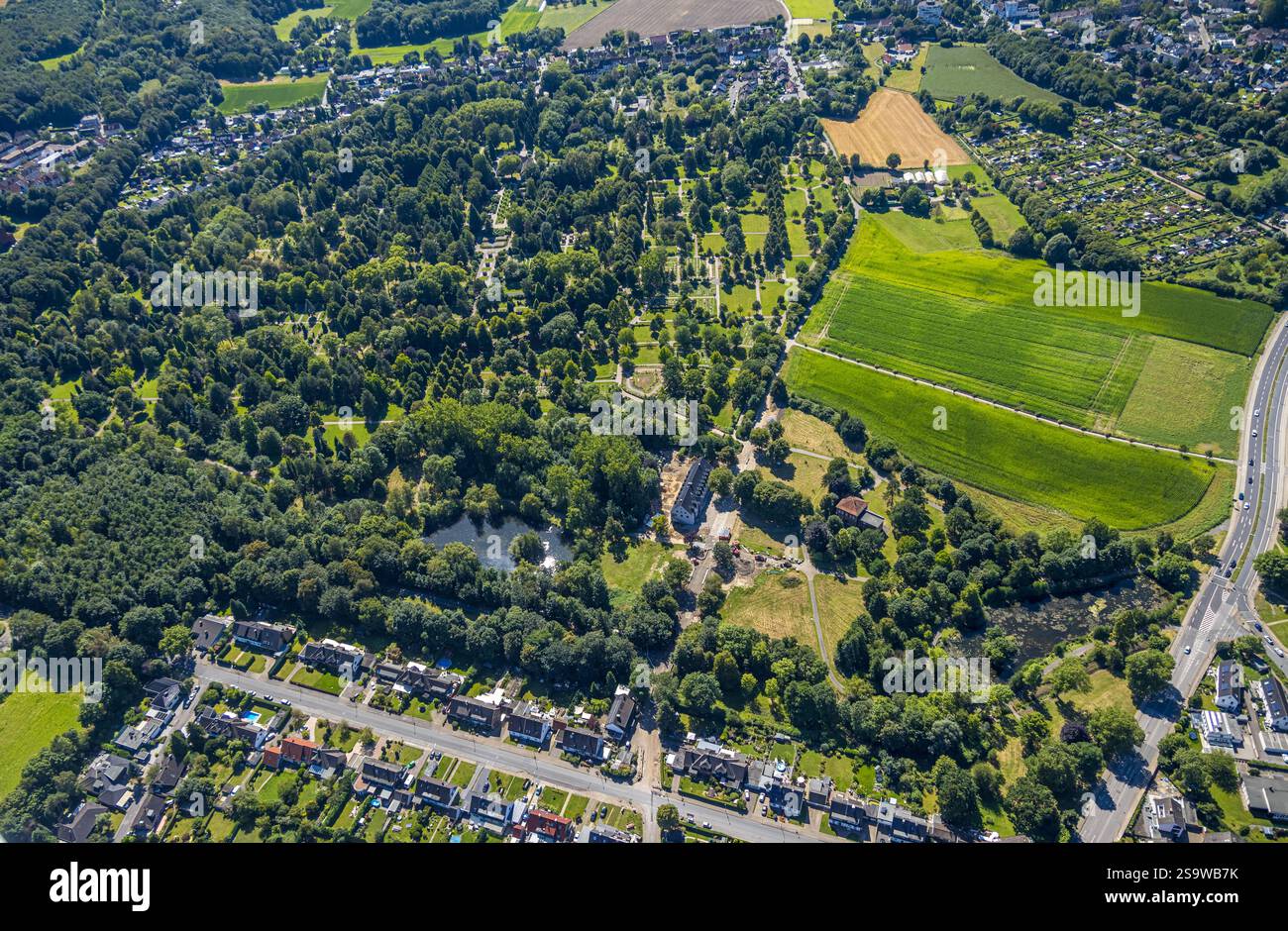 Aerial view, south cemetery with chapel and green area and meadow ...
