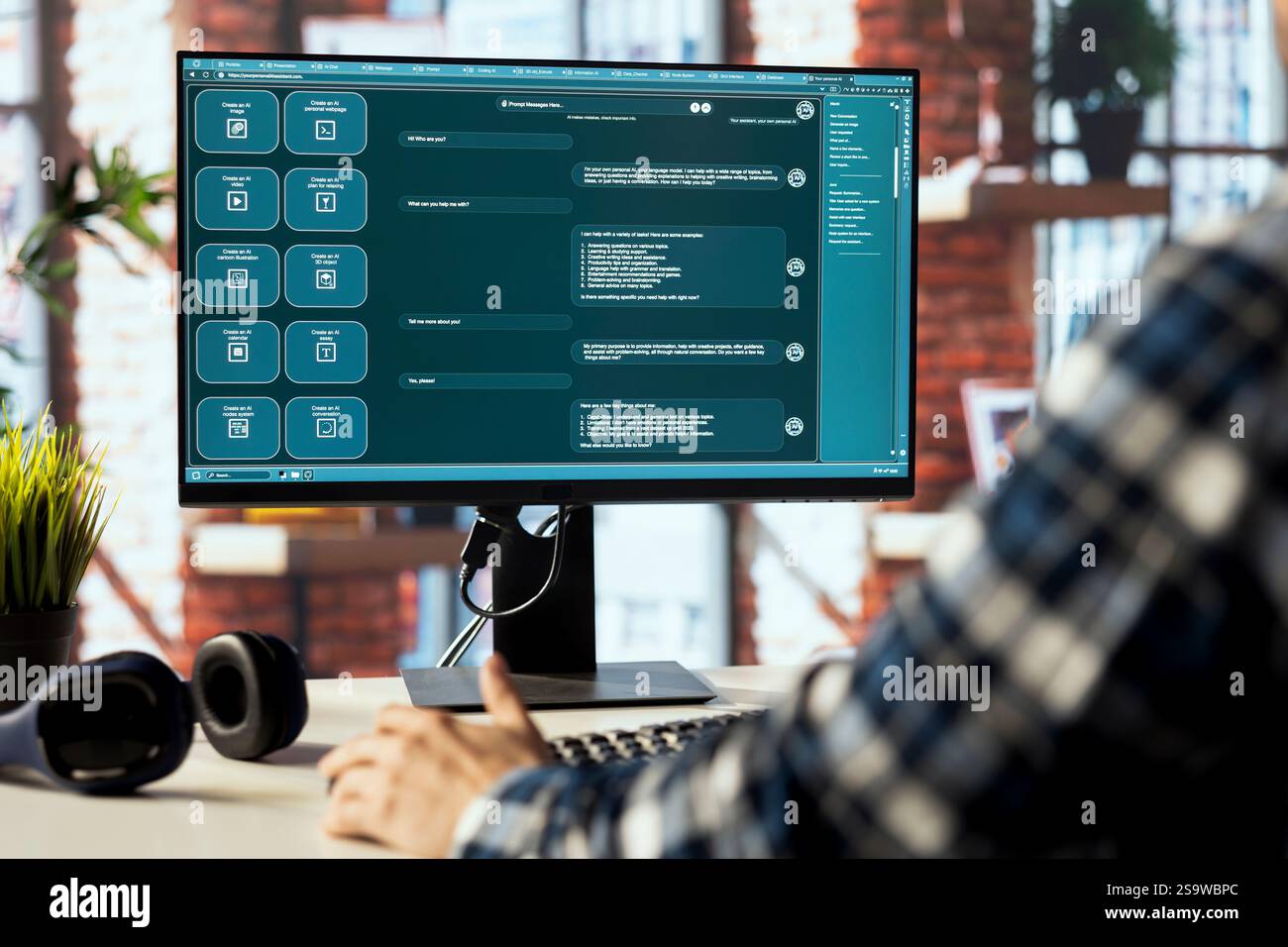 Teleworking man using artificial intelligence GPT trained on textual data to understand and ...