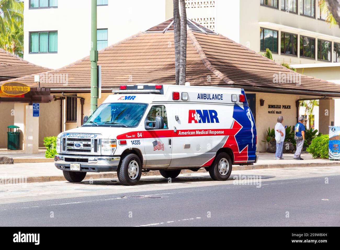 Honolulu, Hawaii, USA - February 22, 2024 - An AMR Ambulance in Waikiki ...