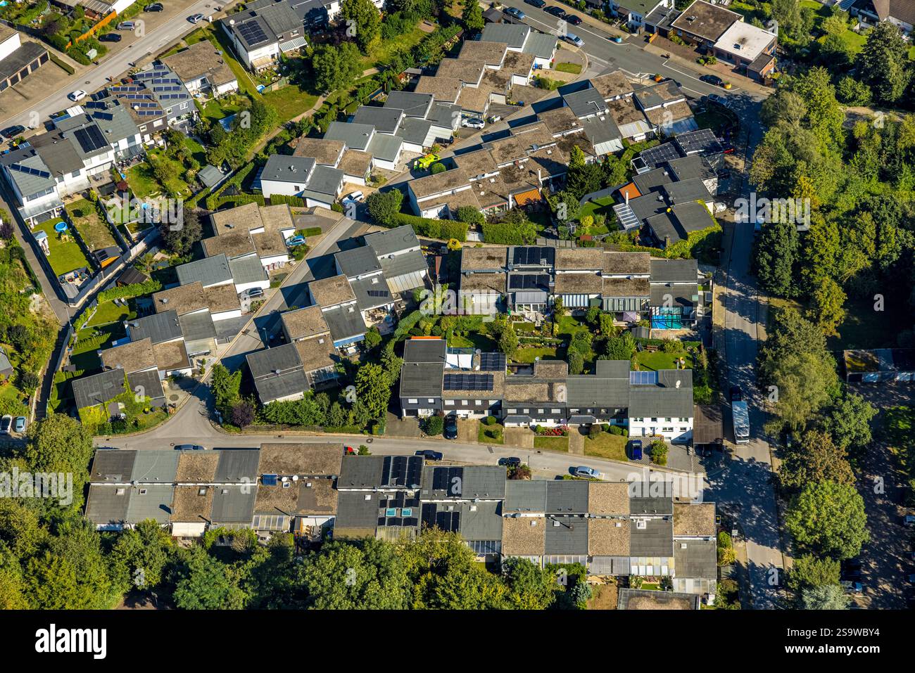 Aerial view, housing estate and residential area with terraced houses ...