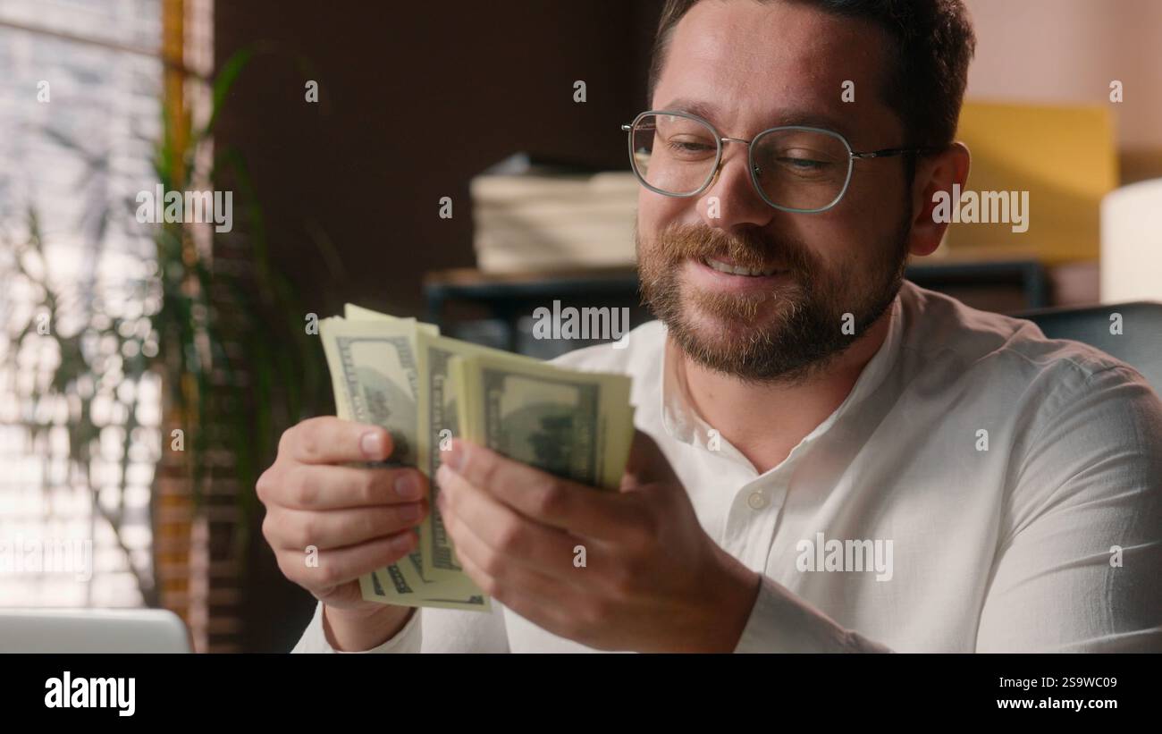 Happy rich Caucasian broker salesman guy worker male man employee ...