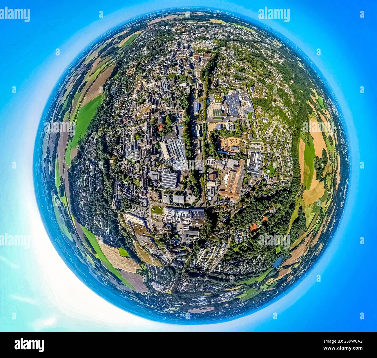Aerial view, city center, federal highway B227, earth globe, fisheye ...
