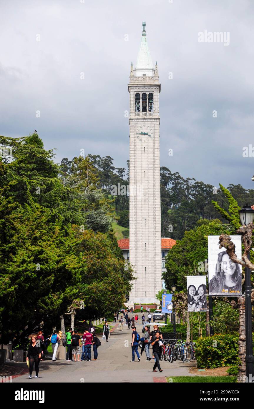 UC Berkeley's Sather Tower with students on a lively campus day Stock ...