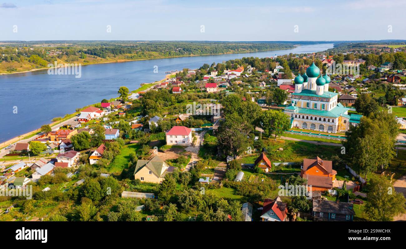 Aerial view of Tutayev on Volga River with Resurrection Cathedral in ...
