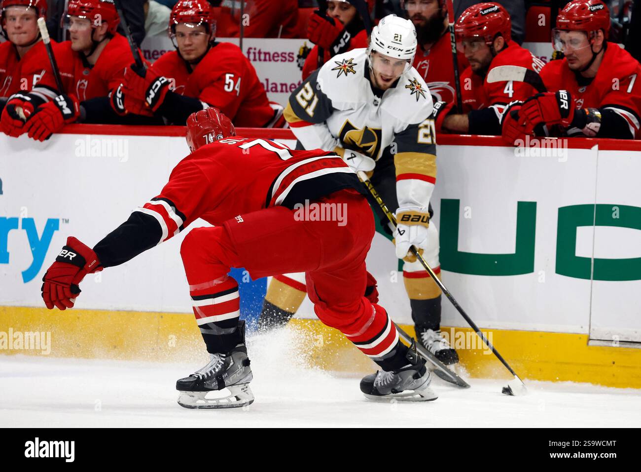 Vegas Golden Knights' Brett Howden (21) battles with Carolina ...
