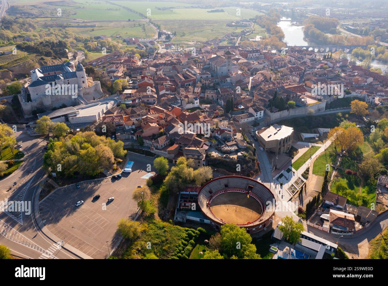 Aerial view of Simancas overlooking bullring and medieval castle Stock ...