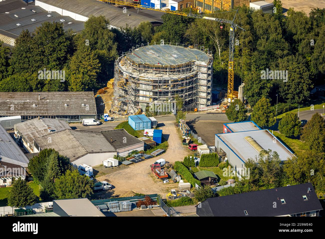 Aerial view, construction site with new circular building Remise parking garage, Am Beul ...