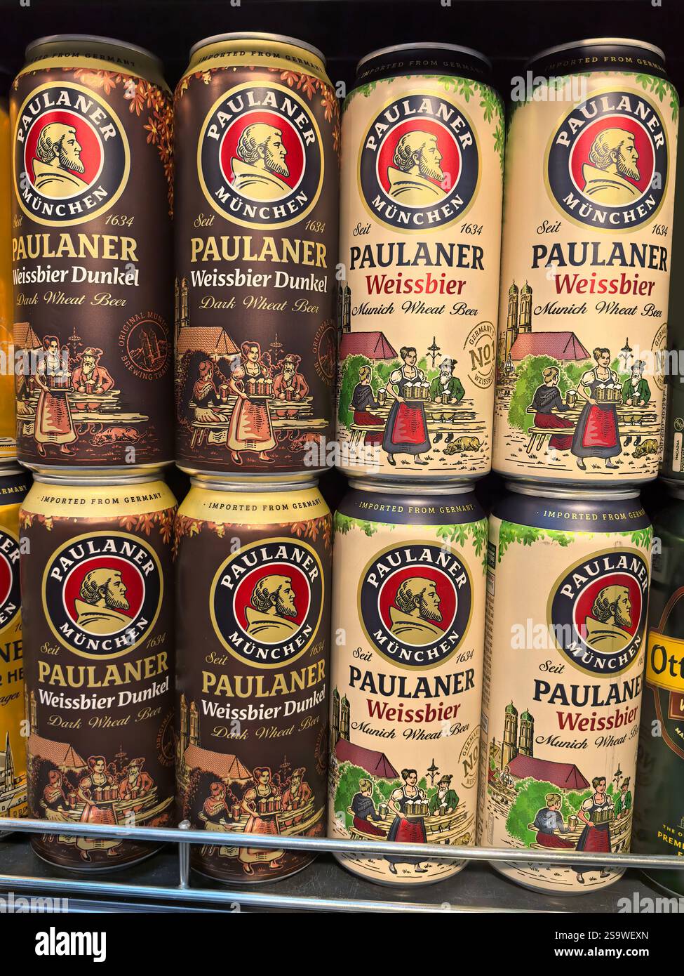 Bobruisk, Belarus - January 23, 2025: Various cans of German wheat ...