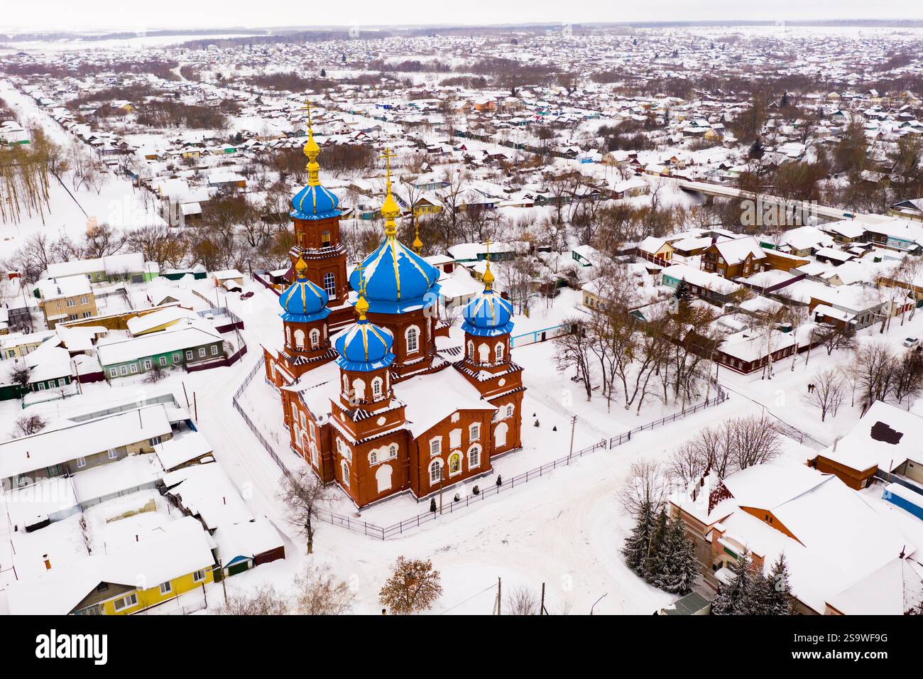 Aerial view of Church of the Intercession in winter in the city ...