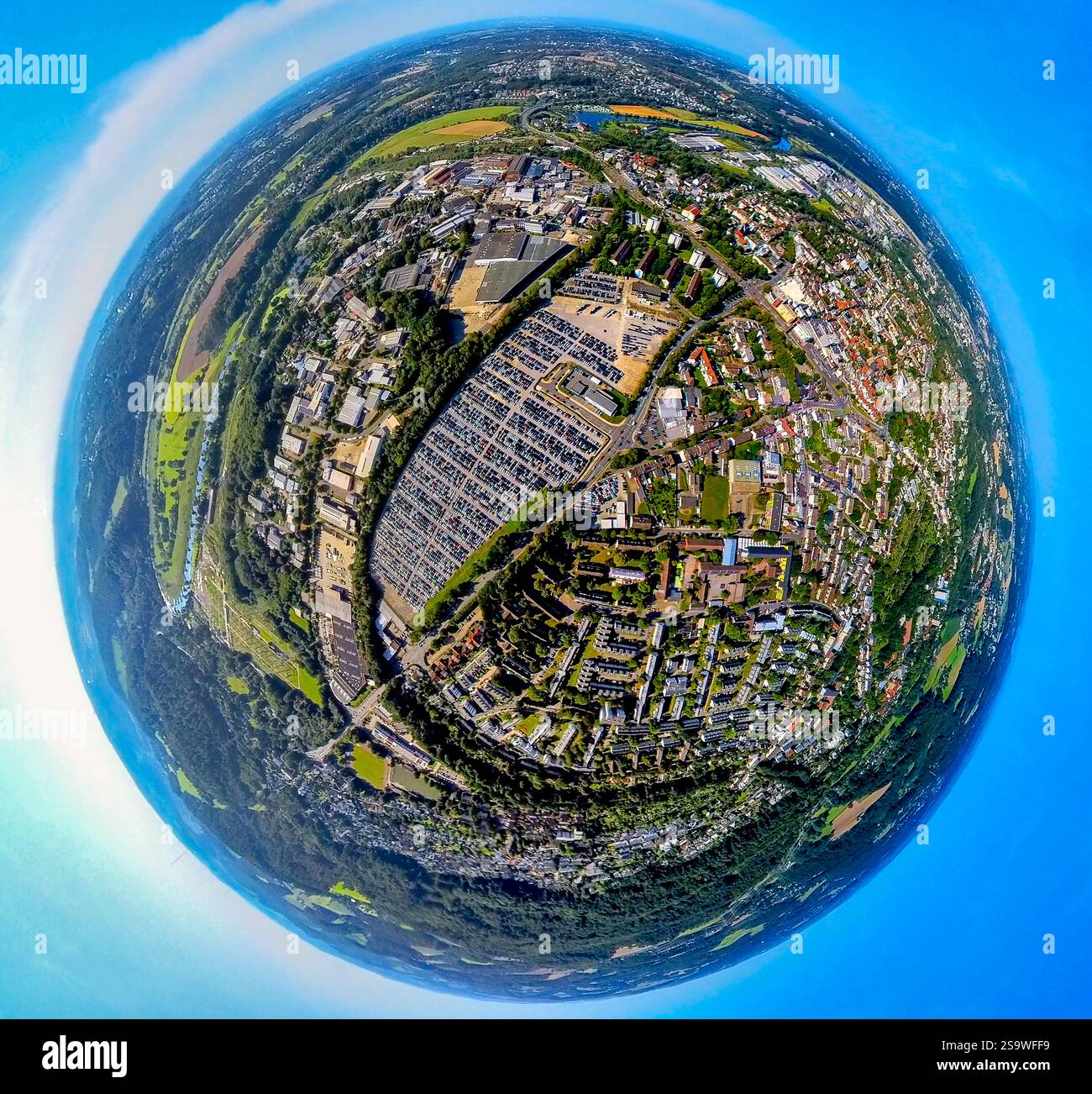 Aerial view, large parking lot with hundreds of cars, commercial area ...