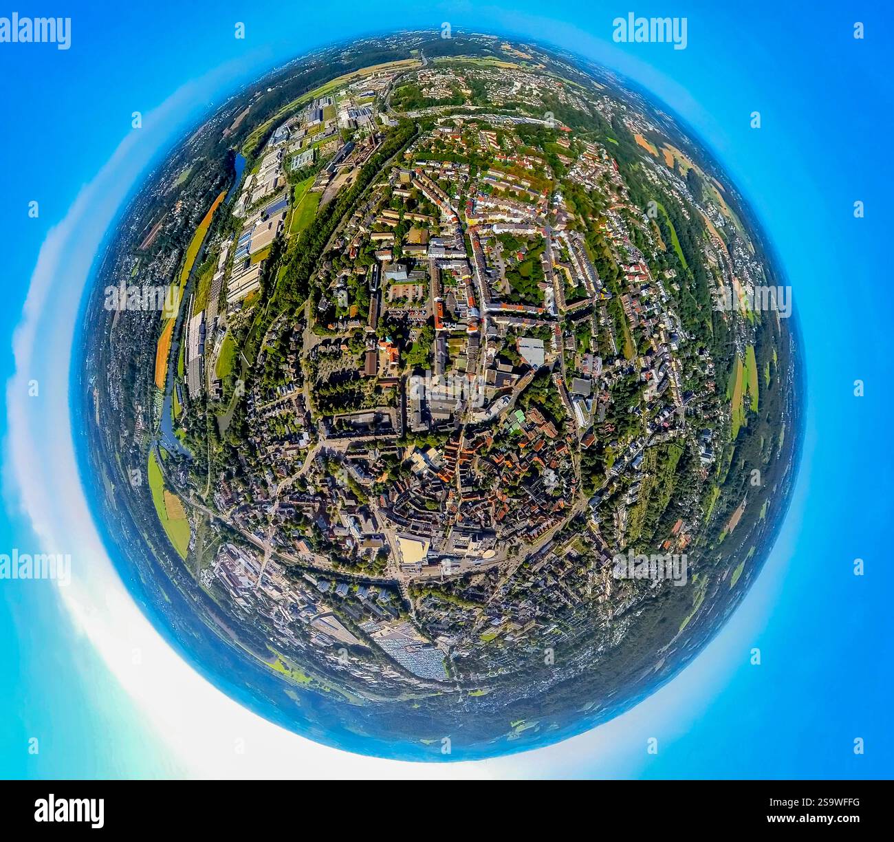 Aerial view, town hall and historic old town in the city center of ...