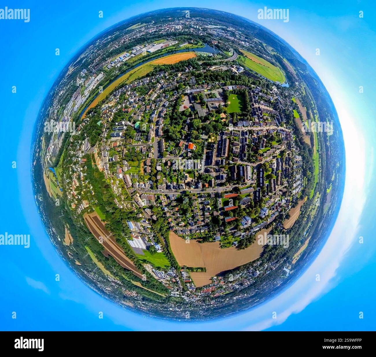 Aerial view, view of Winz-Baak with Bochumer Straße, earth globe ...