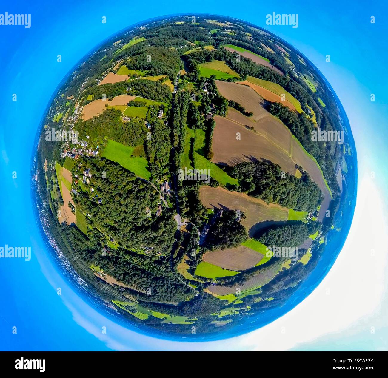 Aerial view, Wodantal recreation area, forest with meadows and fields ...