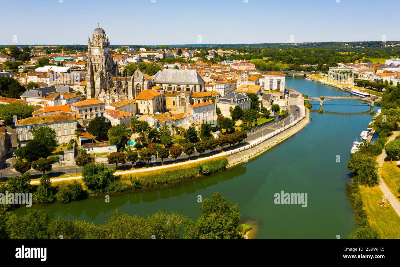 Drone view of historic district of Saintes with cathedral, France Stock ...