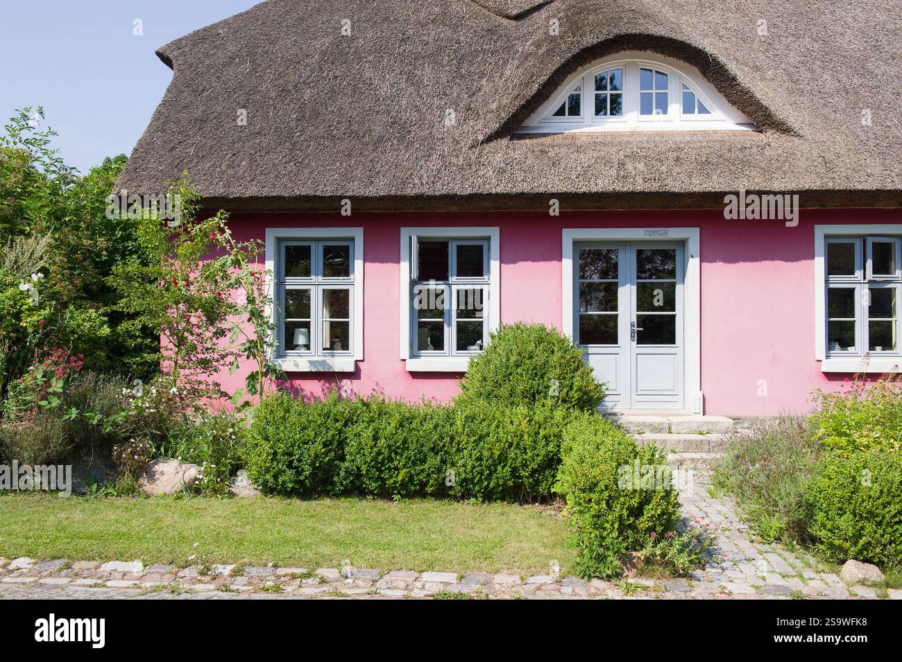 Traditional Thatched Cottage with Pink Walls and Garden Stock Photo - Alamy