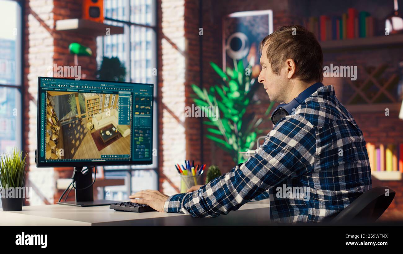 Architectural designer in home office moving assets in 3D modeling ...