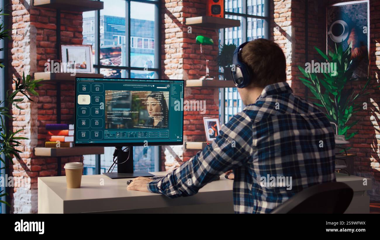 Man listening music while using AI program turning text prompt into ...