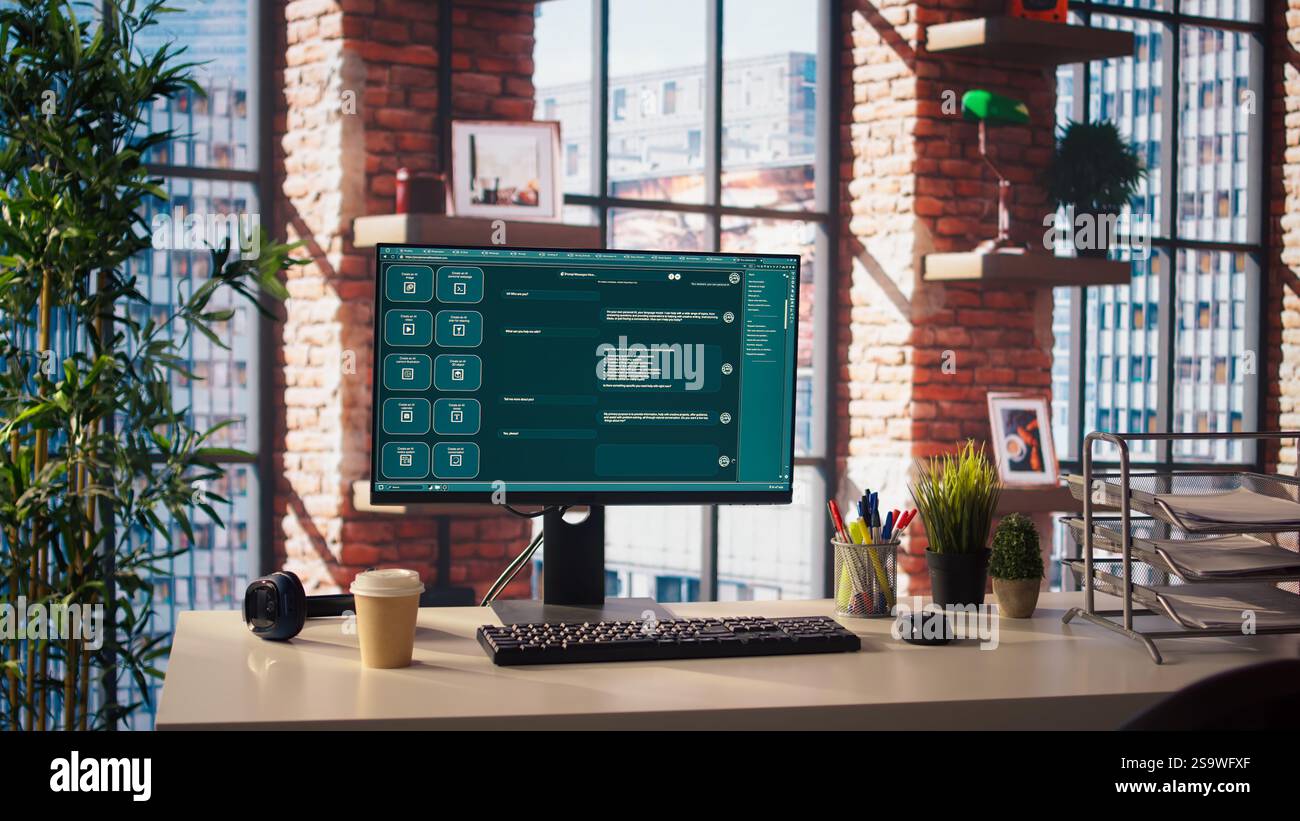 Ai Llm Chatbot Answering User Prompts Using Predictive Technology In Home Office Computer Setup