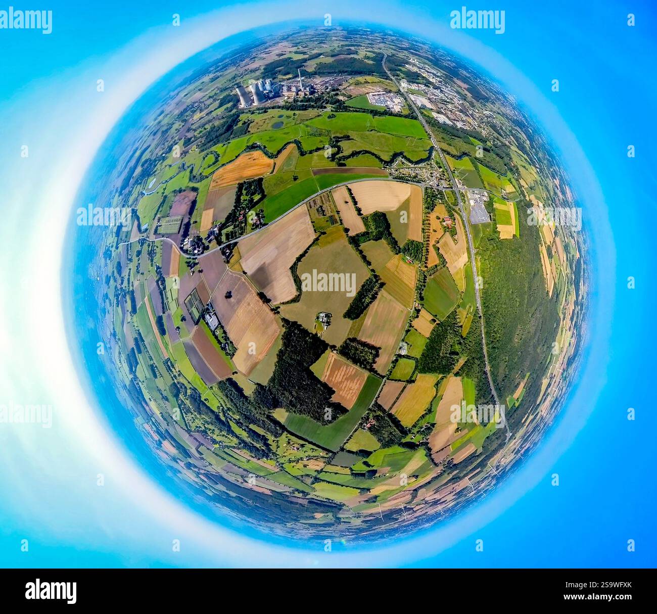 Aerial view, RWE power plant Westfalen, surrounded by meadows and ...