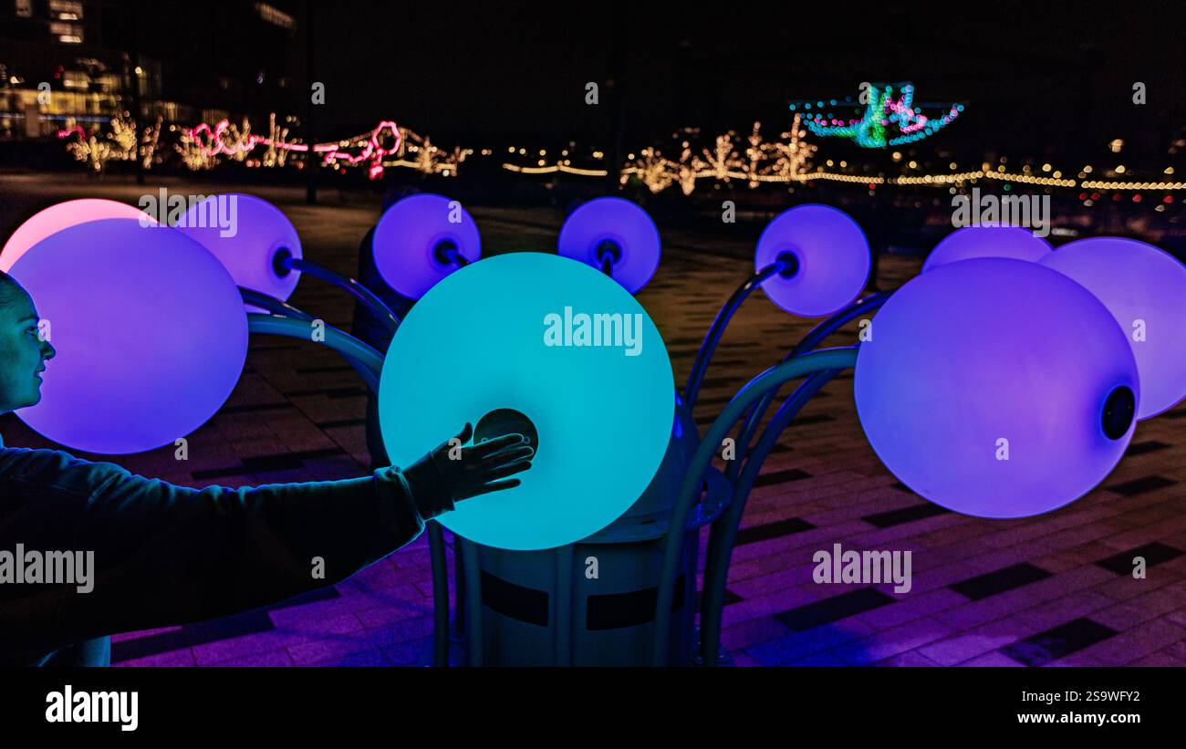 A visitor touches the interactive "In Bloom" installation at the ...