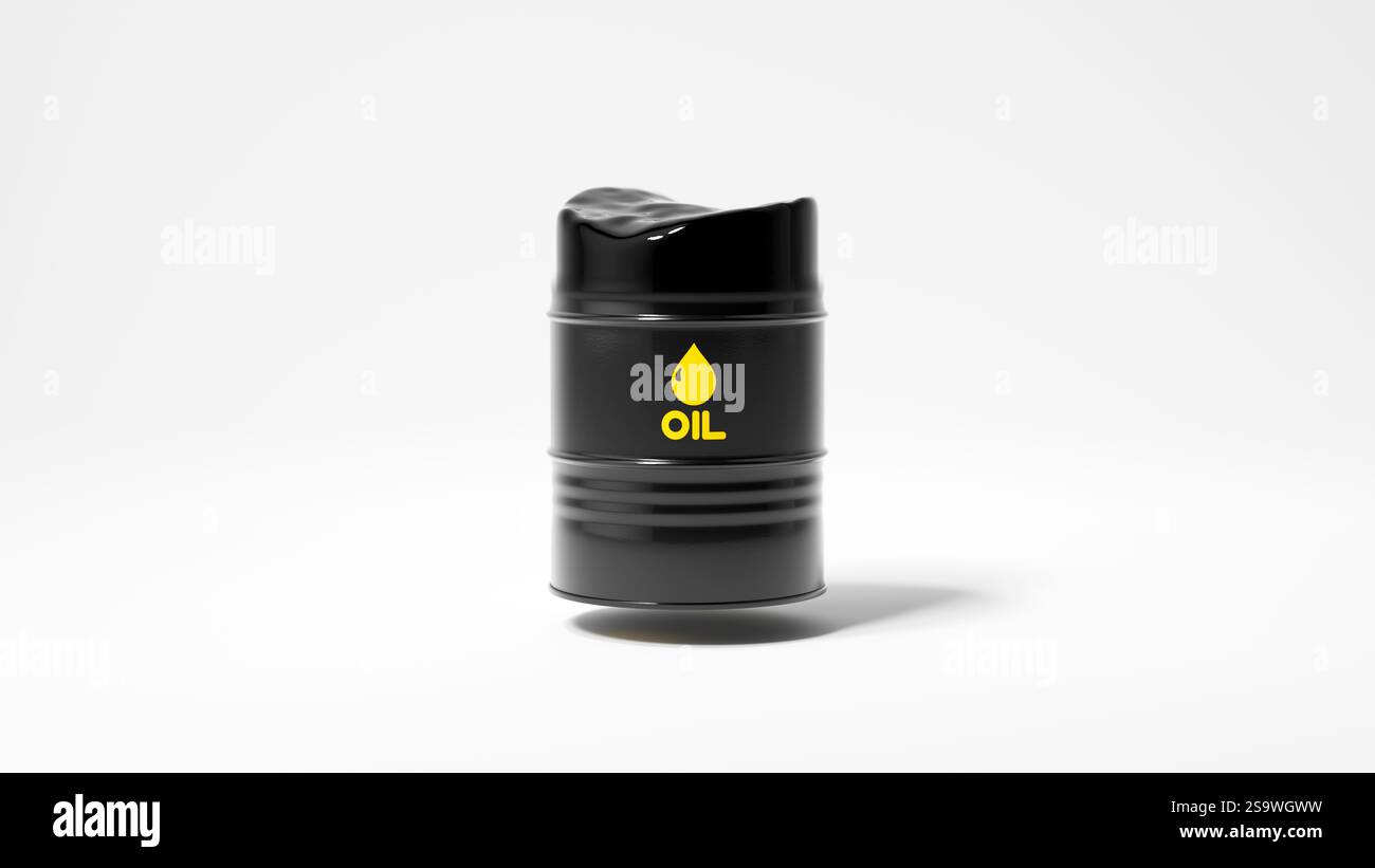 Split view of black metal oil barrel with crude oil inside on white ...