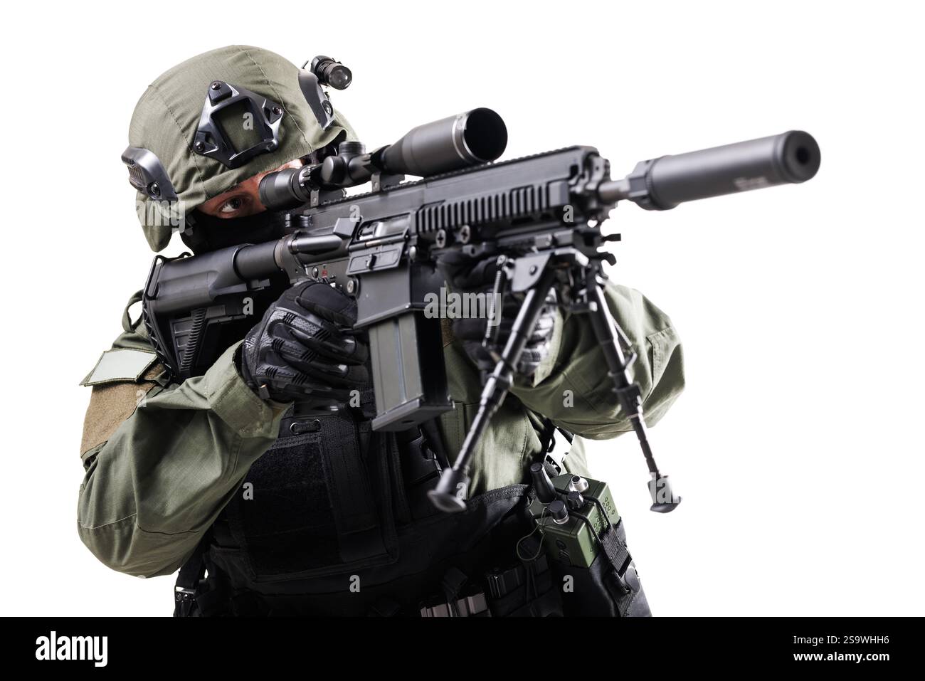 A tactical soldier dressed in combat gear, equipped with advanced ...