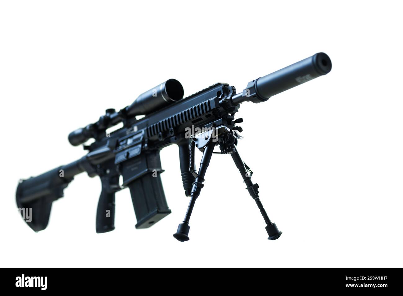 Detailed view of a modern tactical assault rifle equipped with a scope ...