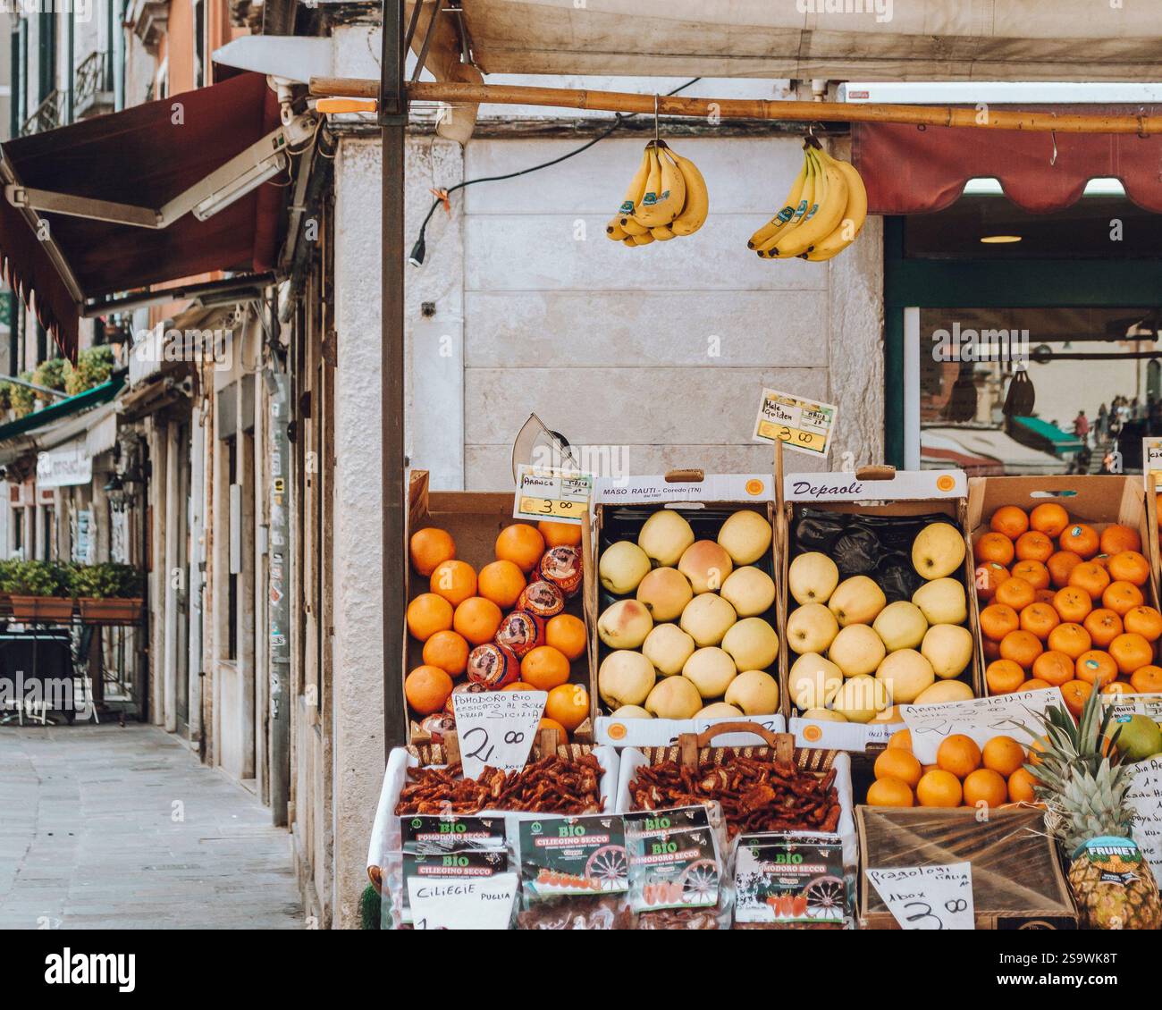 Colorful photograph of a bustling fruit market stand in Venice, Italy ...