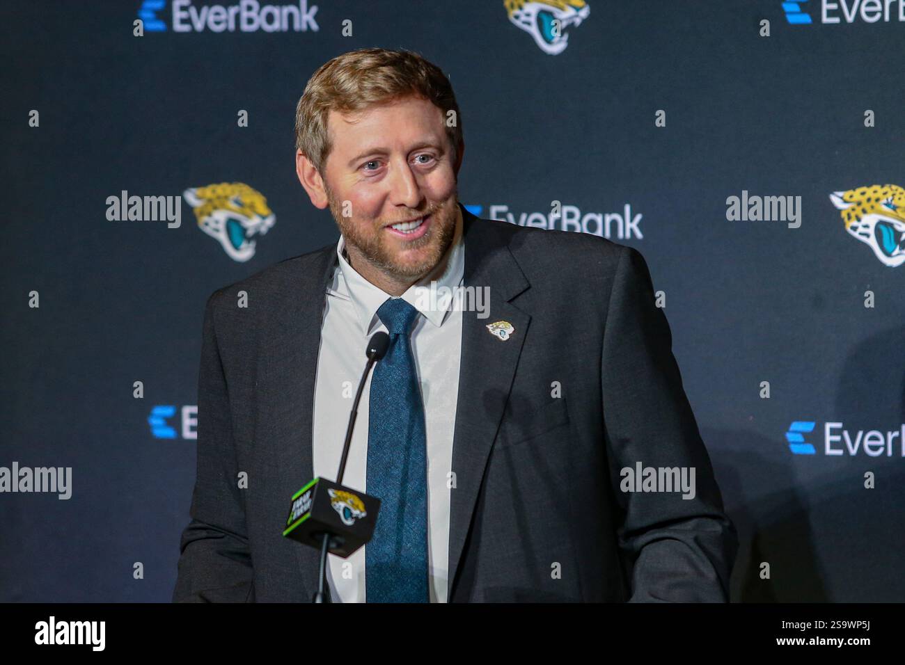 Jacksonville Jaguars new head coach Liam Coen speaks with the media during an NFL football news ...