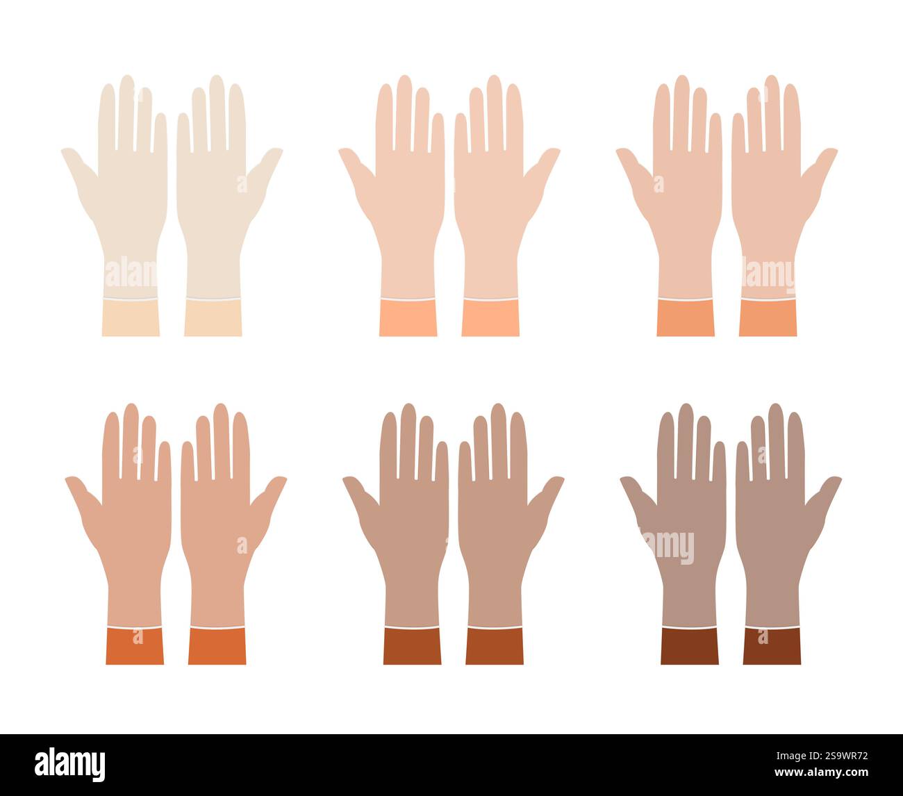 Set of rubber Gloves on different nationalities hands accessory clothing technical illustration ...