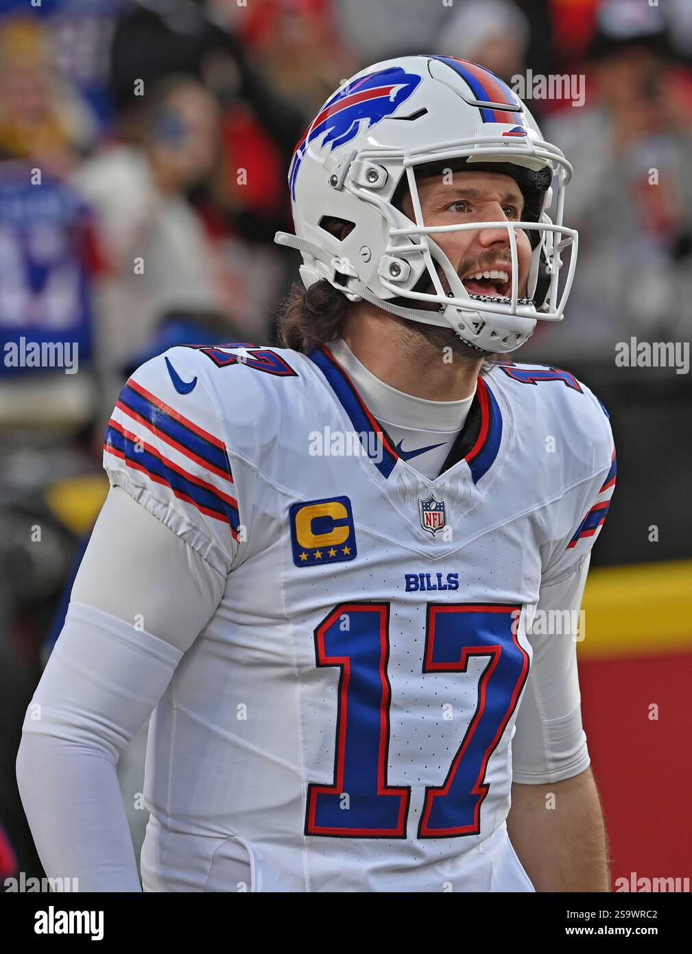 Buffalo Bills quarterback Josh Allen (17) looks on before the AFC ...