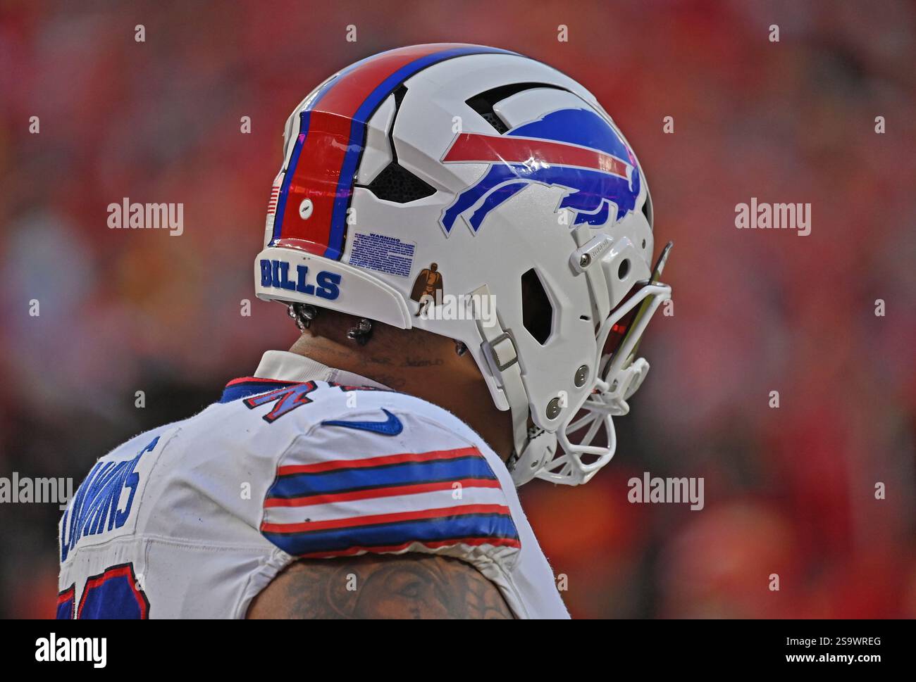 Buffalo Bills offensive tackle Dion Dawkins (73) warms up wearing the ...