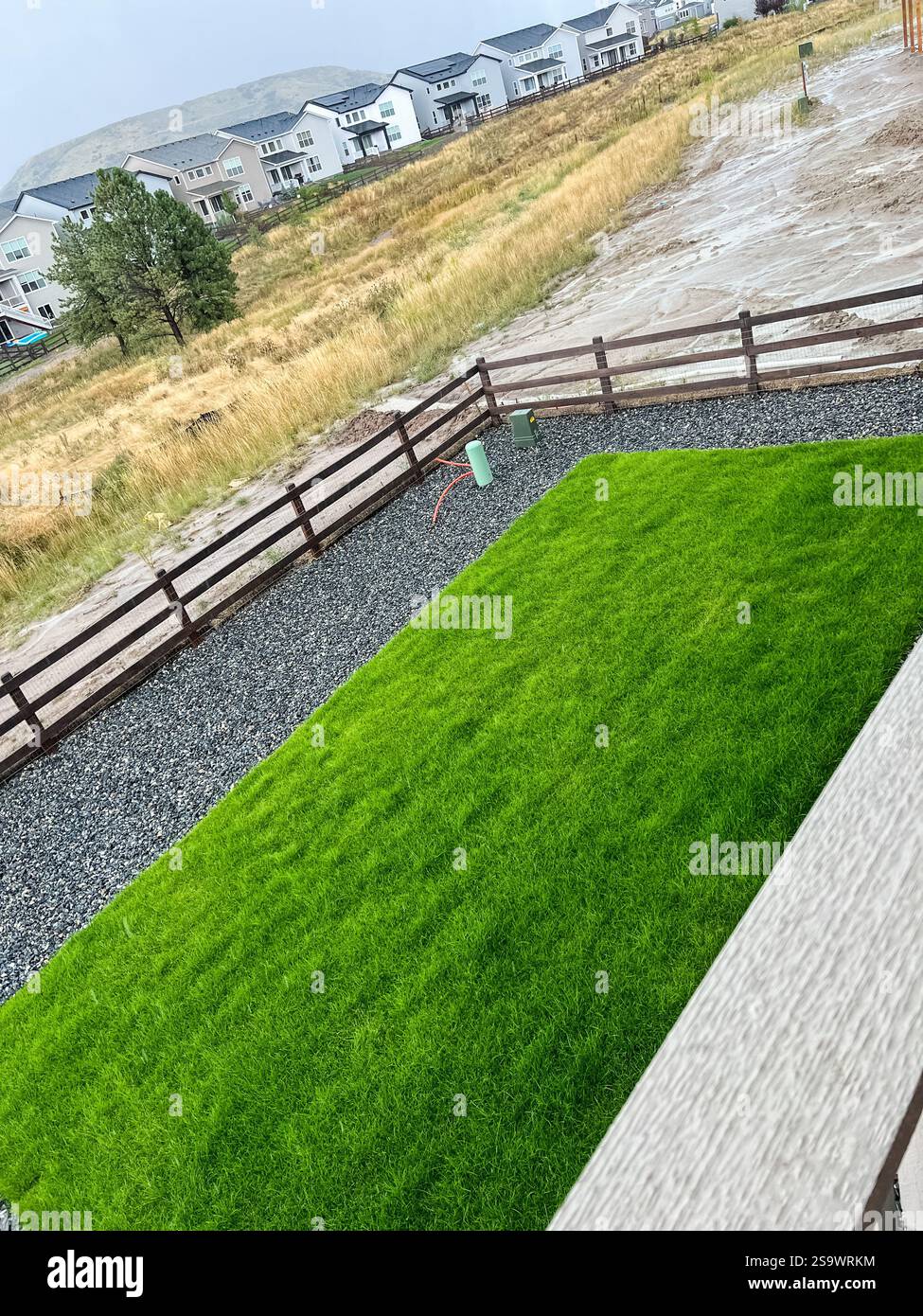 Heavy rainfall in residential neighborhood backyard Stock Photo - Alamy