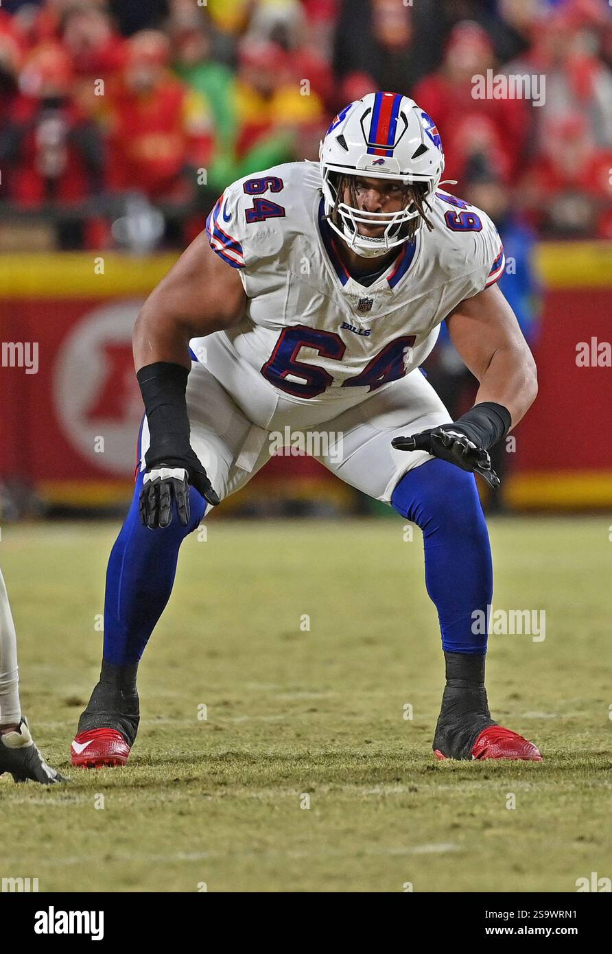 Buffalo Bills guard O'Cyrus Torrence (64) gets set on the line during ...