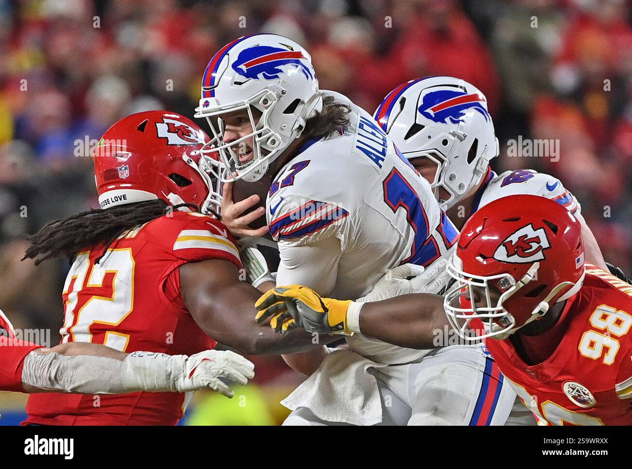 Buffalo Bills quarterback Josh Allen (17) gets tackled by Kansas City ...