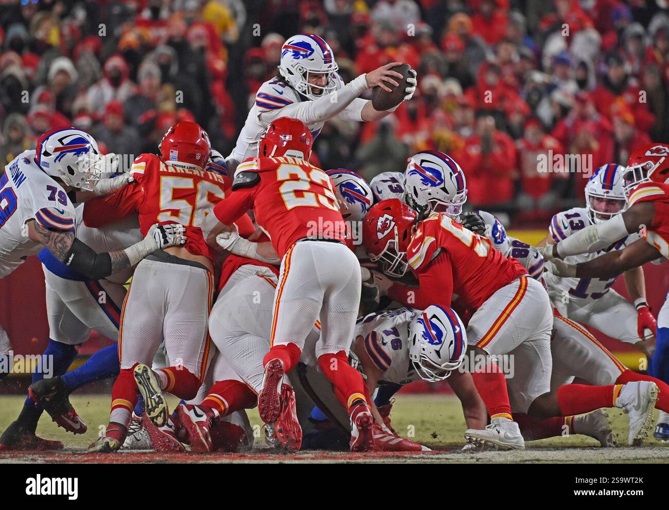 Buffalo Bills quarterback Josh Allen (17) jumps up and over the Kansas ...
