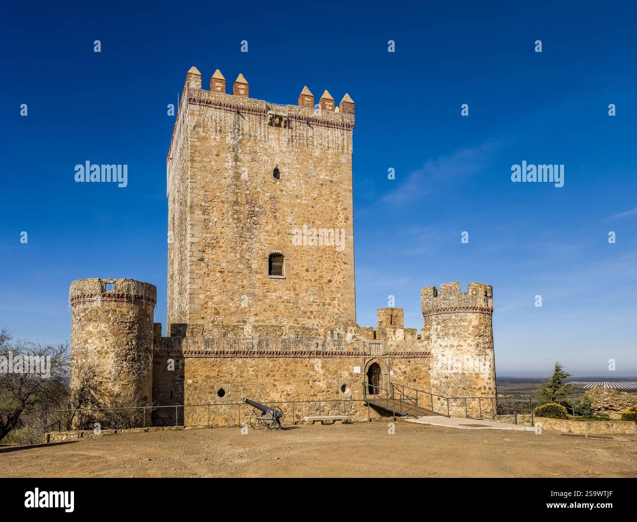 Aerial view of Nogales castle in Spain with homage tower, battlements ...