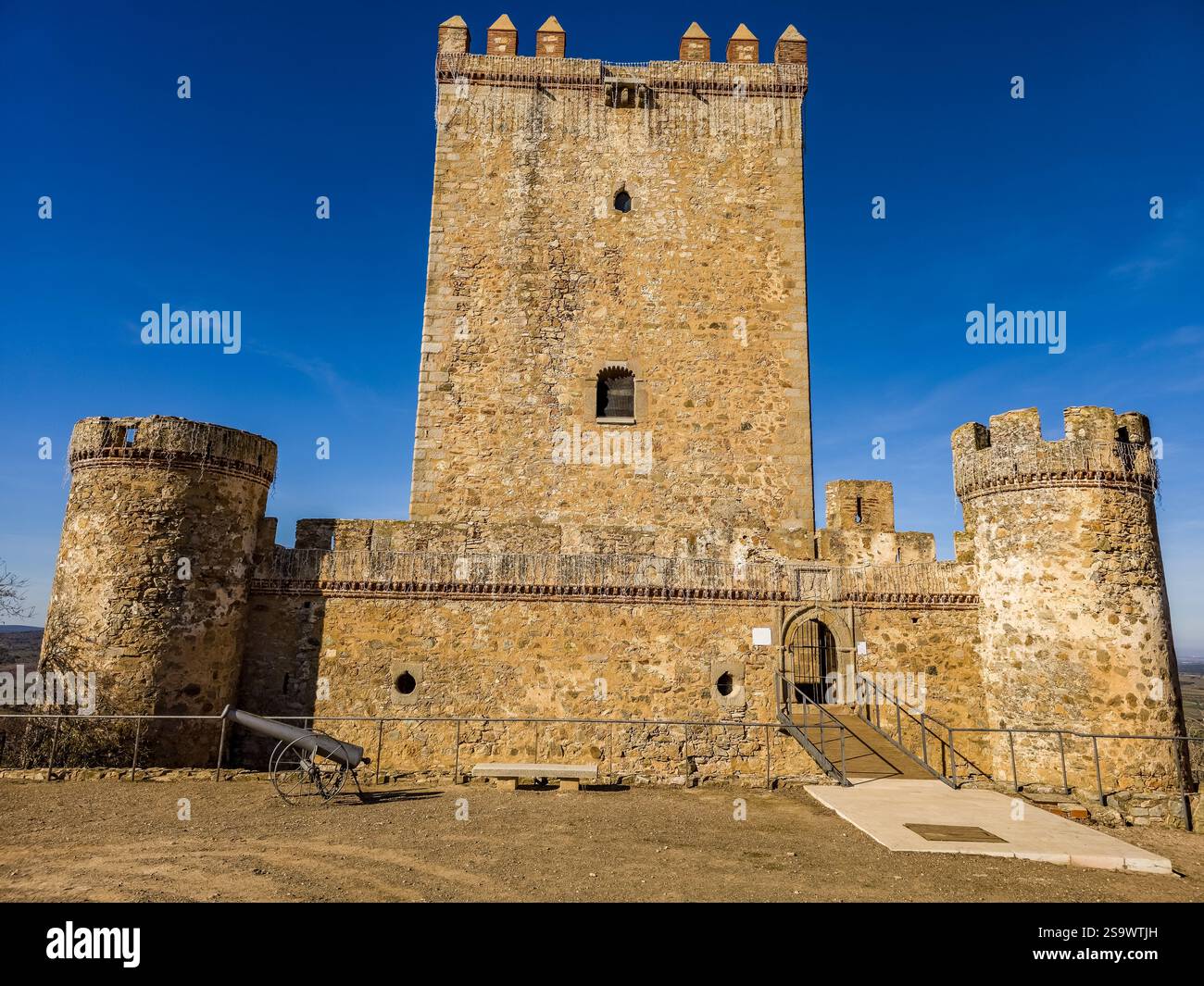 Aerial view of Nogales castle in Spain with homage tower, battlements ...