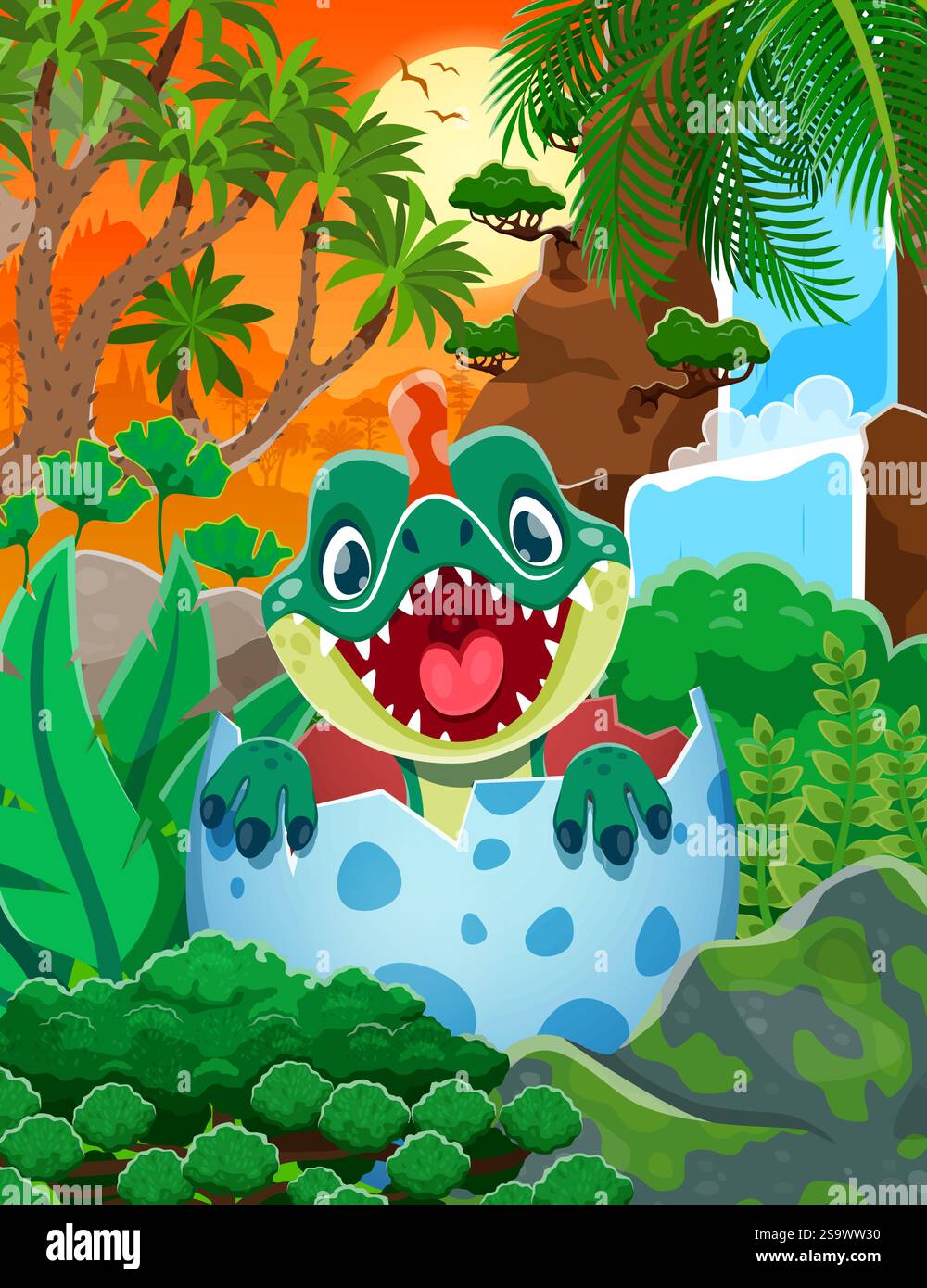 Cartoon dino kid in egg shell. Vector adorable newborn baby dinosaur ...