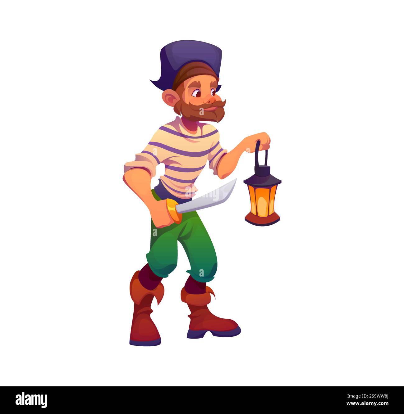 Cartoon pirate or corsair character with lantern and saber sword ...