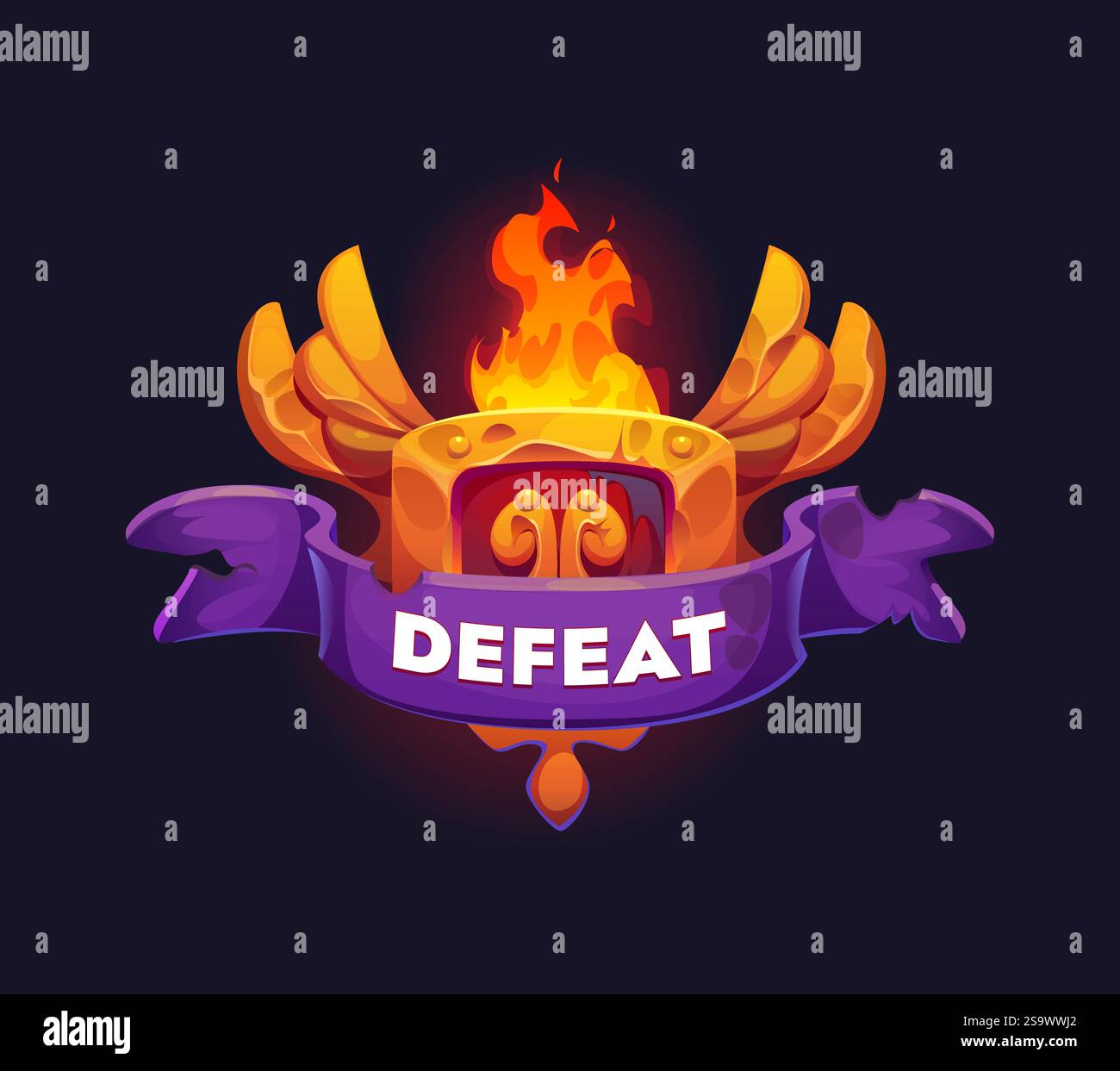 Defeat game icon or badge, gui fantasy arcade final banner. Vector level end label, pop up ...