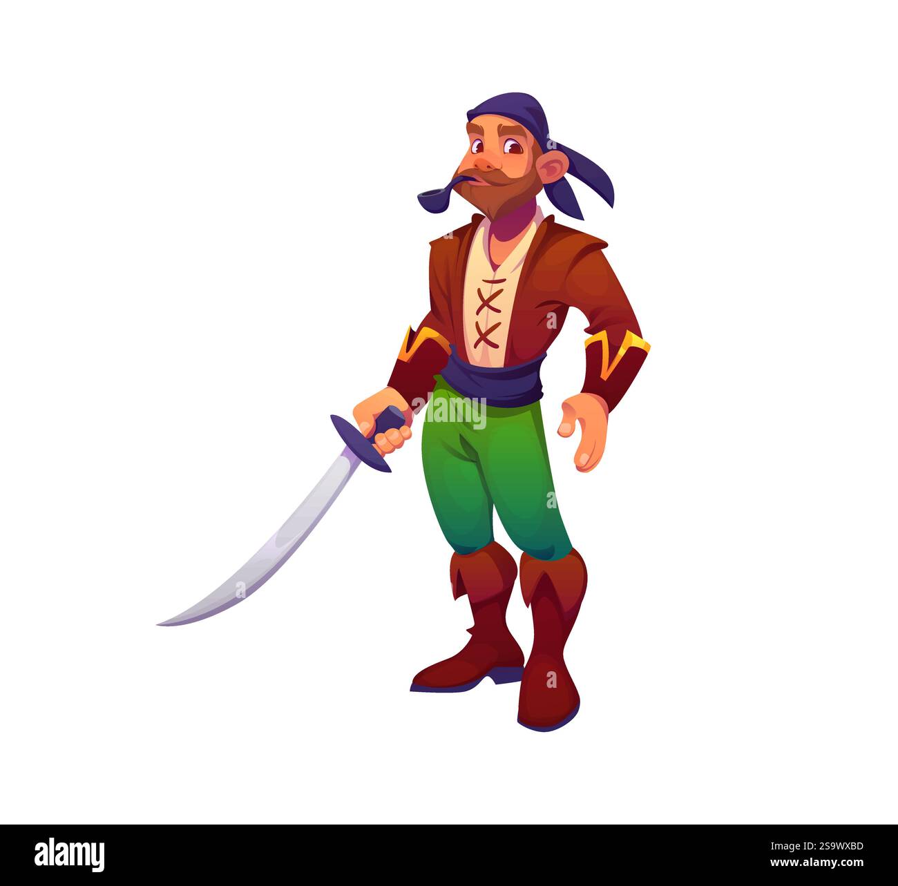 Pirate sailor or corsair captain character with sword saber and smoking pipe, cartoon vector ...